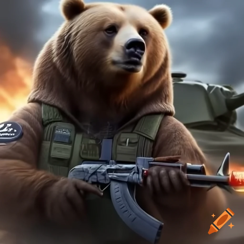 Grizzly bear in Adidas tracksuit and ushanka driving T-72 tank with AK ...