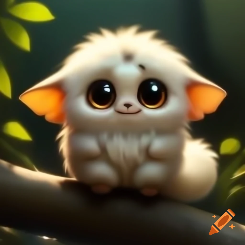 Cute fluffy fantasy creature with big eyes and glowing fur on a branch ...