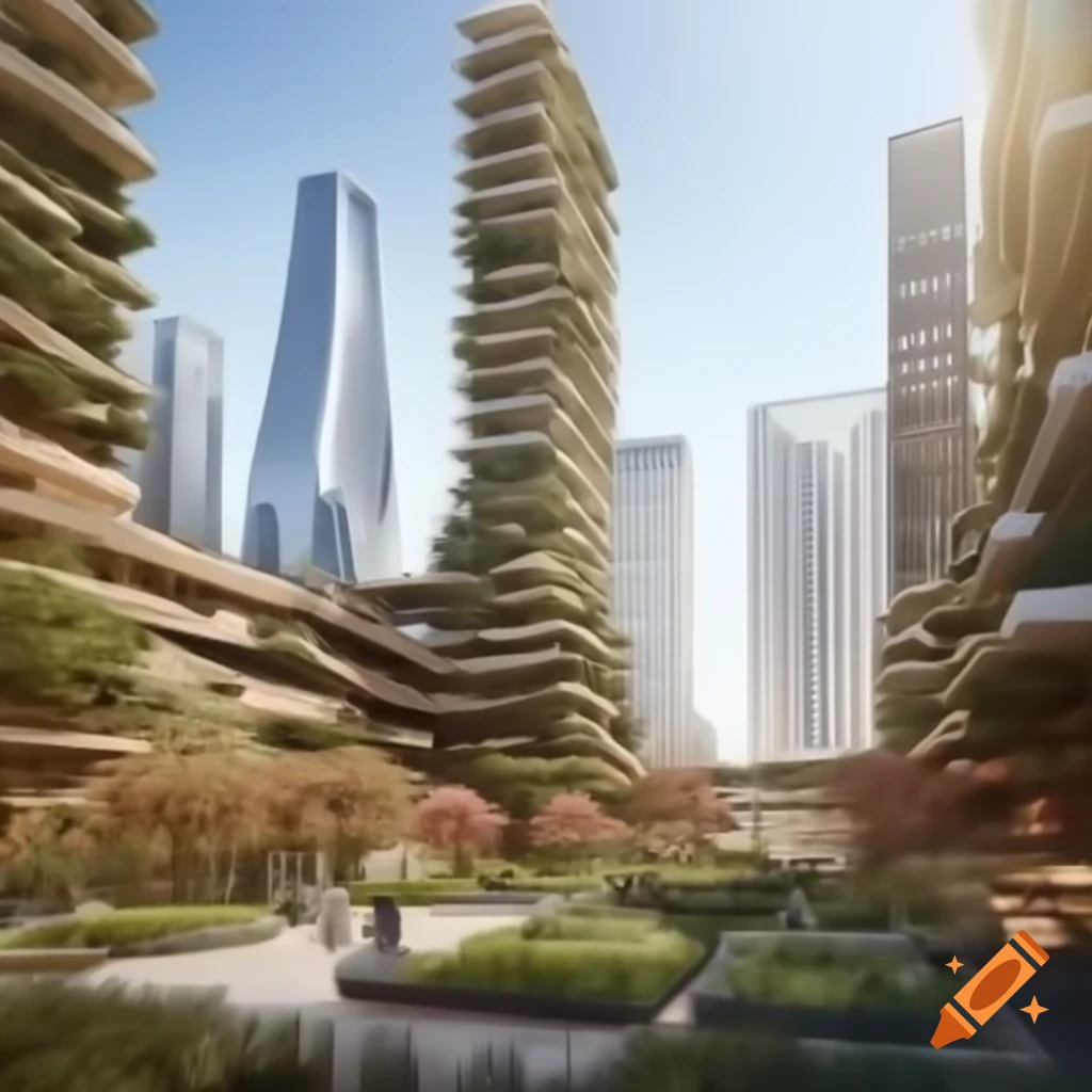 Utopic future skyline with hanging gardens, vibrant colors, and happy ...