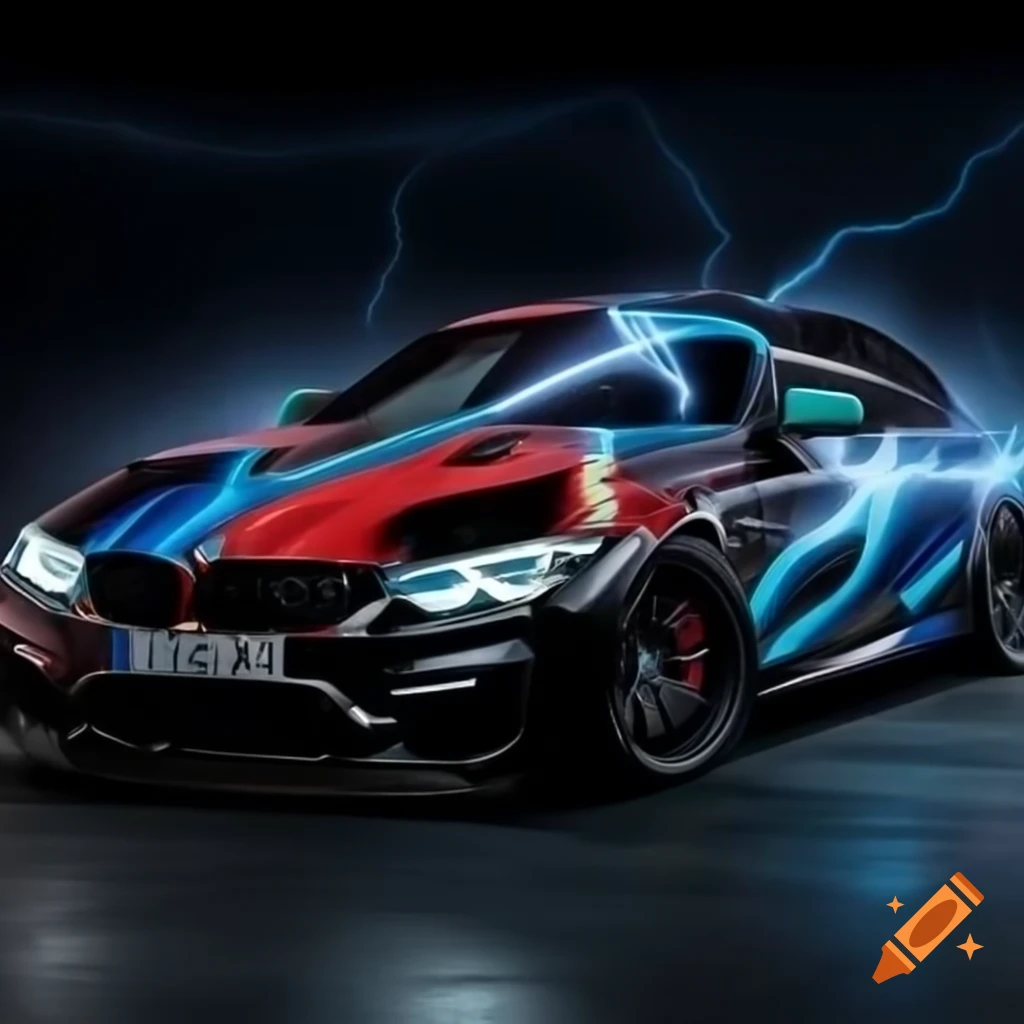 Black BMW F80 M3 with lightning strike wrap in M-Power colors on Craiyon