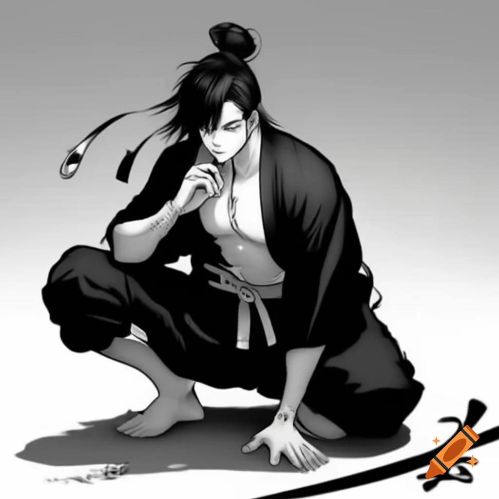 Manga-style illustration of a muscular samurai in a casual yet alert ...