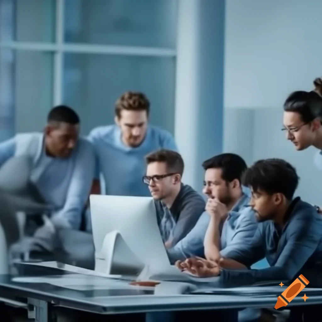 Group of software developers collaborating on a naming problem on Craiyon