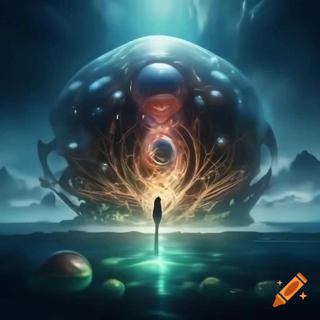 Futuristic research dome on cliff with bioluminescent fungi and organic ...