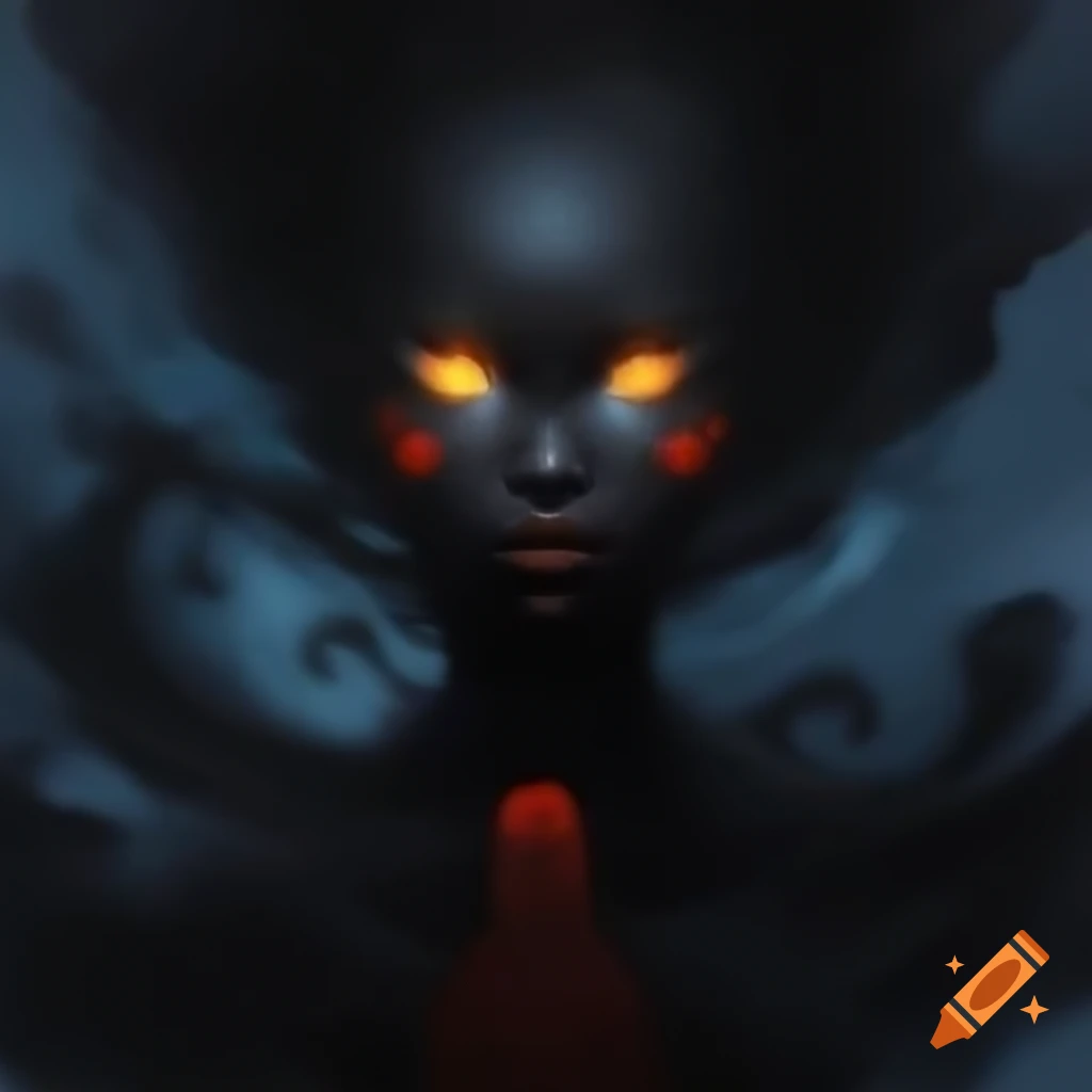 Shadowy humanoid figure with glowing eyes in swirling dark mist ...