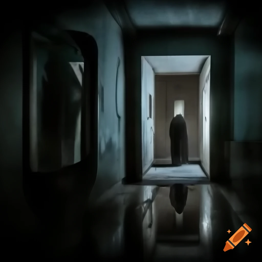 Antique mirror in dim hallway with shadowy figure in reflection on Craiyon