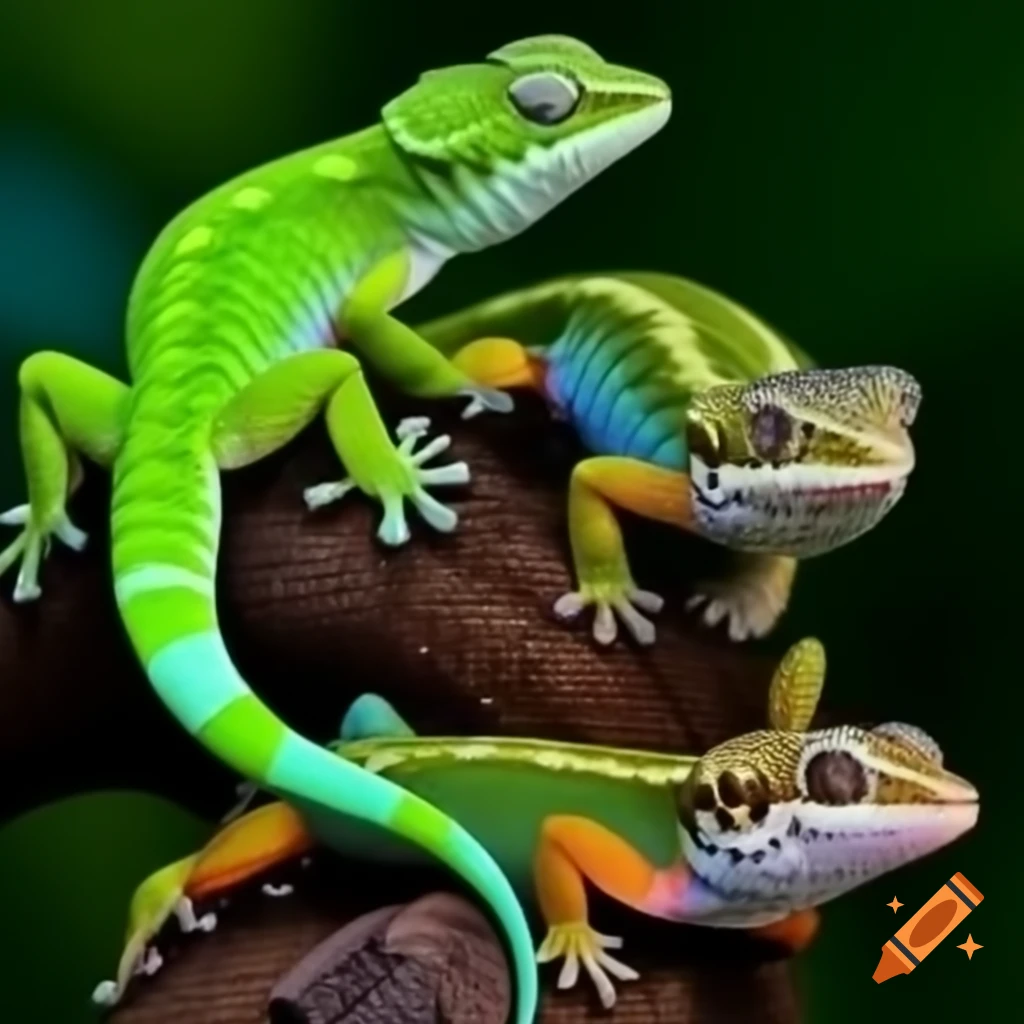 Vibrant green gecko and anole lizards posing together on Craiyon