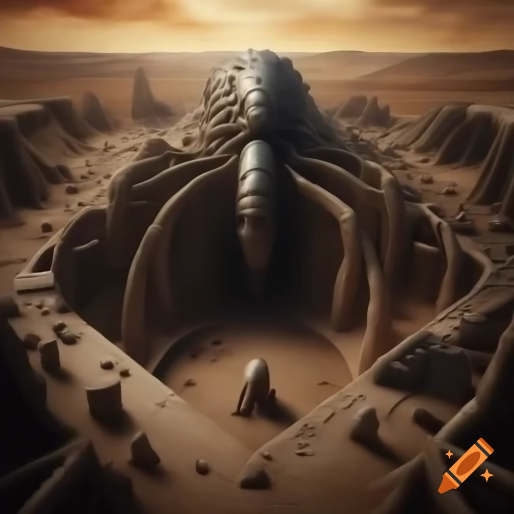 Aerial 3D rendering of colossal ancient stone ant in desert ruins with ...