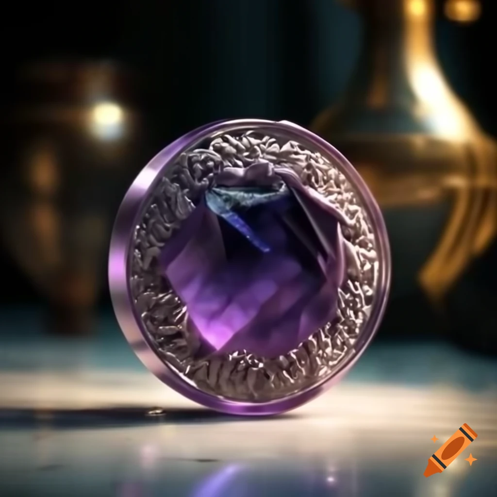 Translucent crystalline coin with dark purple color on marble surface ...