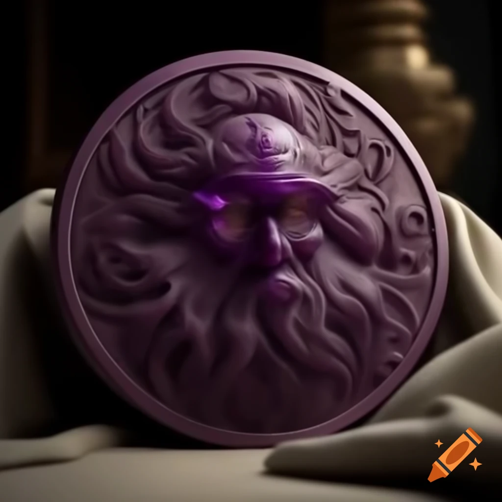 Elaborately carved translucent dark purple coin on cloth surface, photo ...