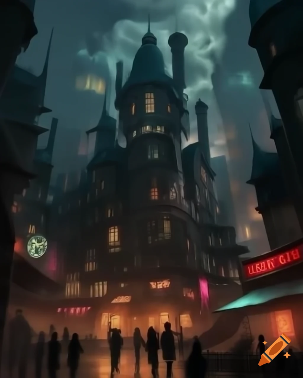 Steampunk city with smoking chimneys, broken neon signs, and Luxury ...
