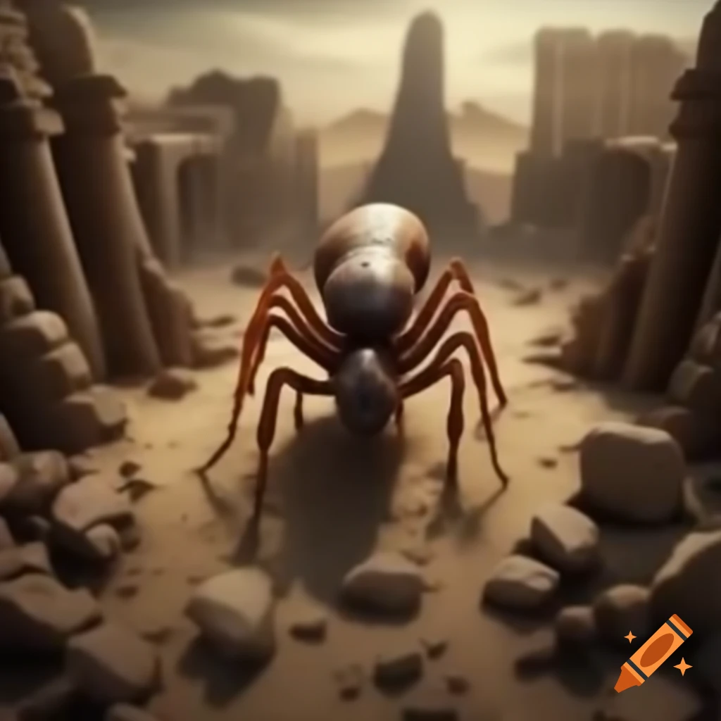 3D view of giant stone ant in ancient desert city ruins with observers ...