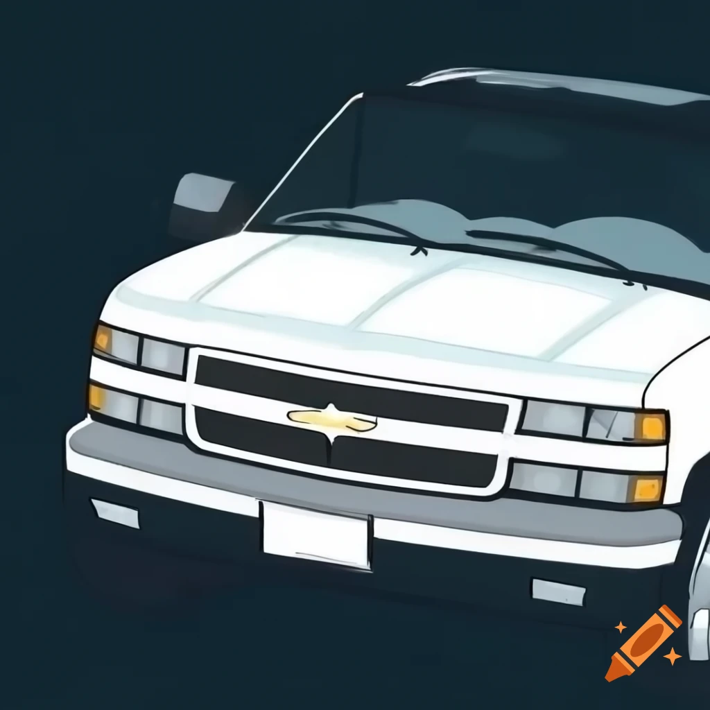Anime style illustration of a white 2004 Chevy Tahoe on Craiyon