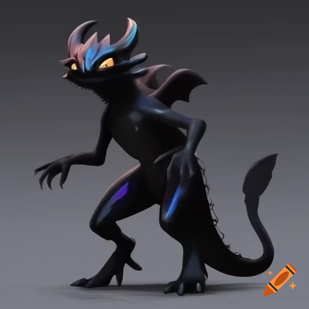 Humanoid black iridescent dragon creature with digitigrade legs and ...