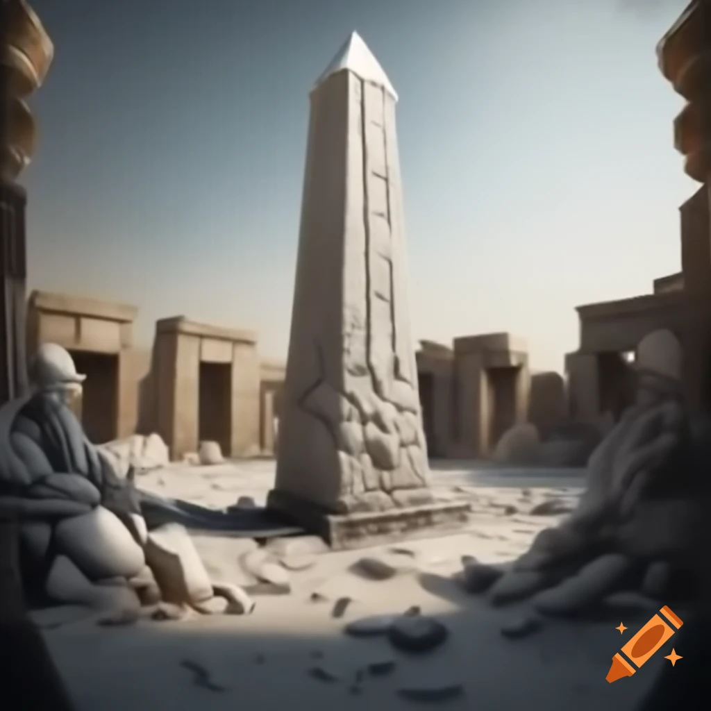 Ultra-realistic 3D view of fallen glass obelisk covered in hieroglyphs ...