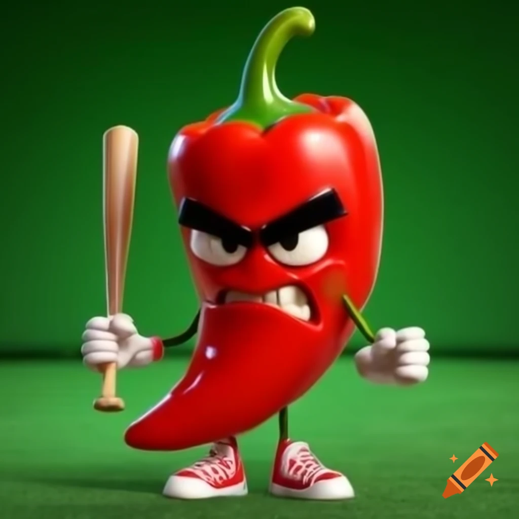 Cartoon jalapeño pepper in baseball uniform swinging bat on Craiyon