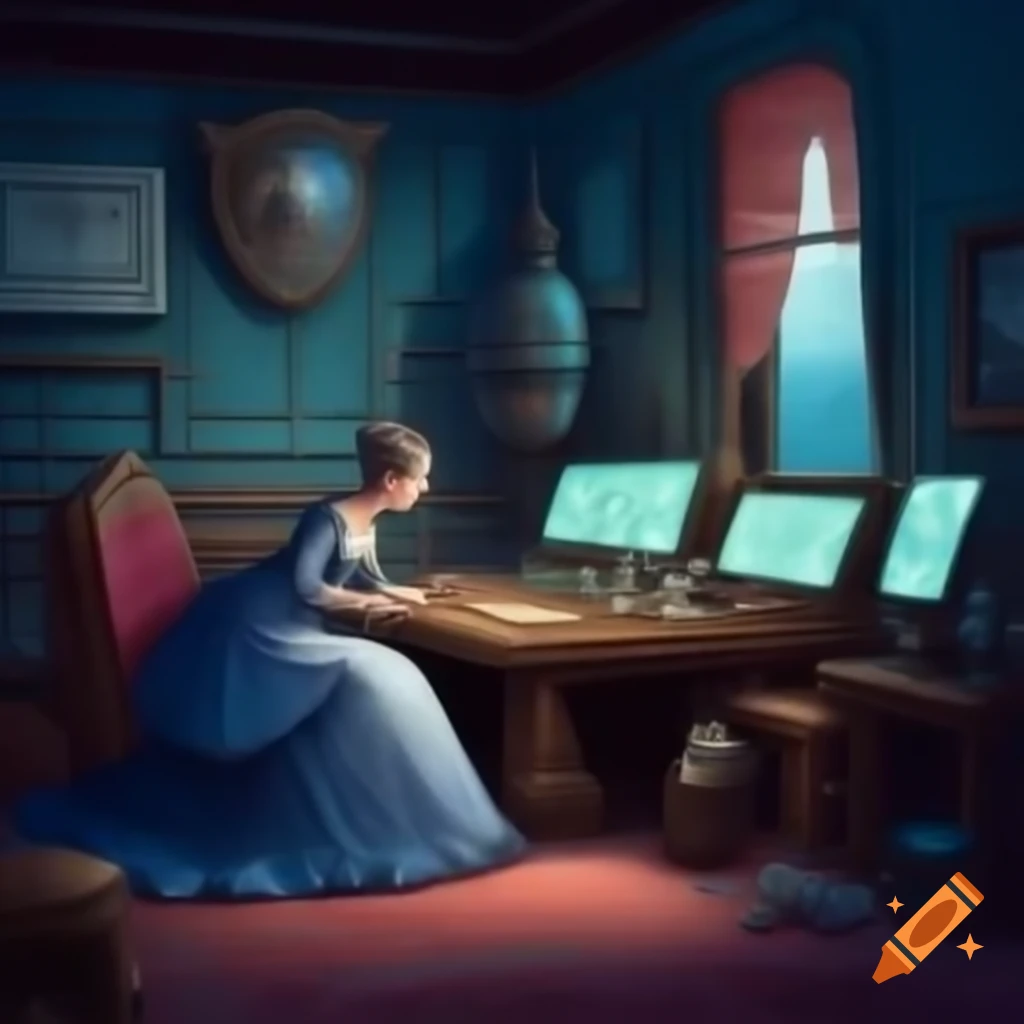 Elegant lady in feudal chamber attended by advanced automaton ...