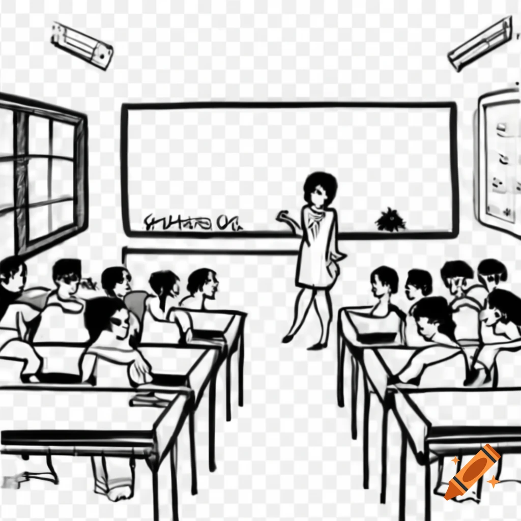 Line art illustration of classroom amphitheater with students and ...