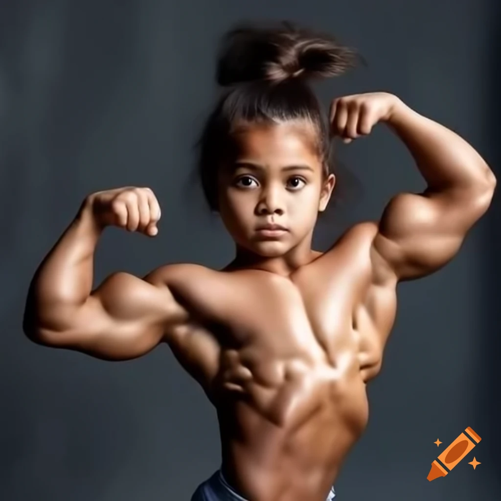 Young female bodybuilder showcasing impressive biceps and muscular physique on Craiyon
