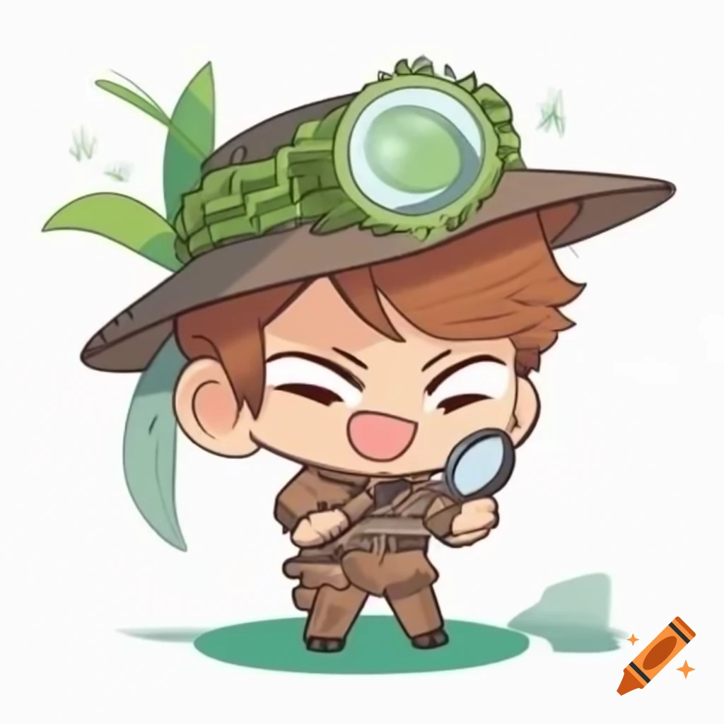 Chibi explorer with map and magnifying glass in cartoon style on Craiyon