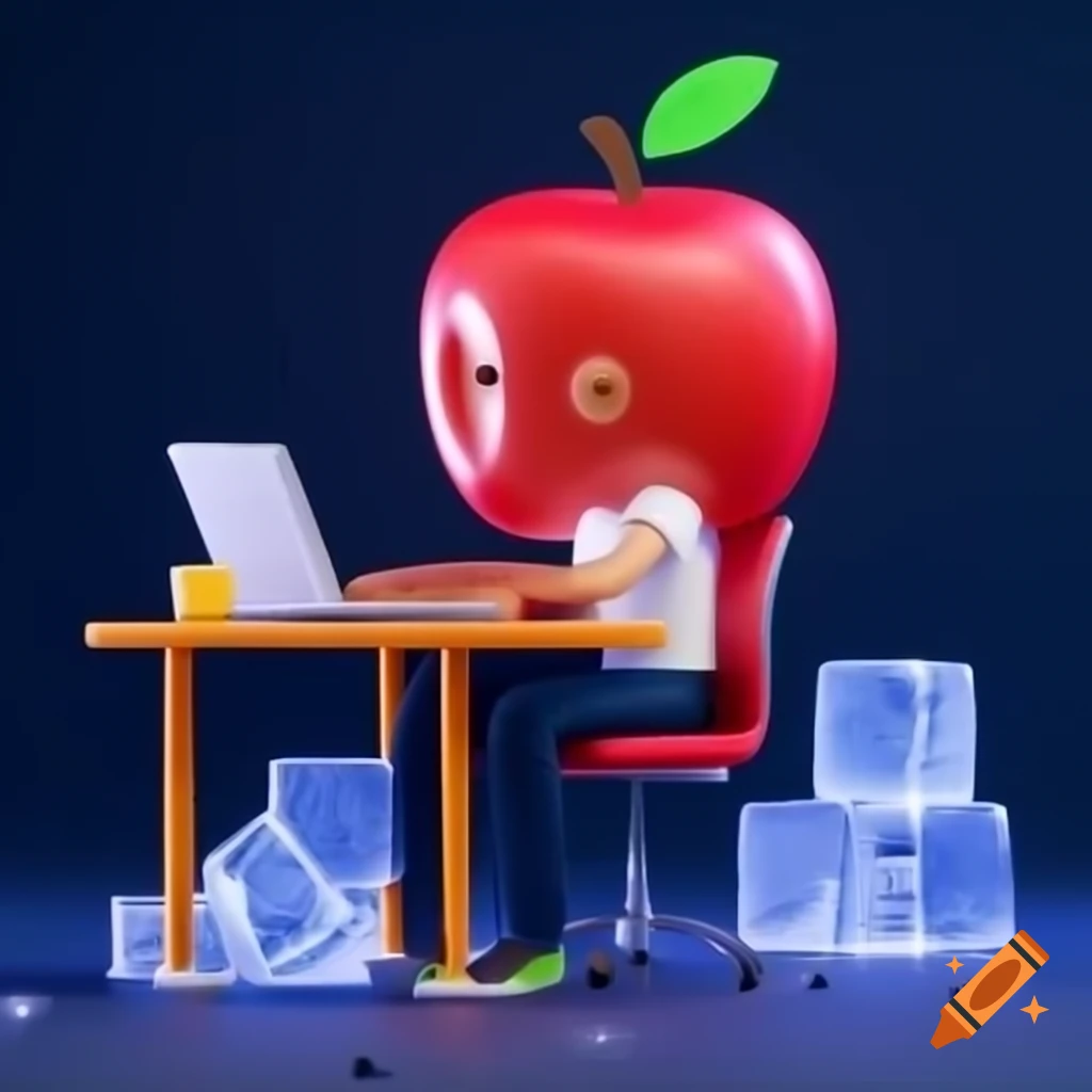 Programmer with an apple head working on laptop surrounded by ice cubes ...