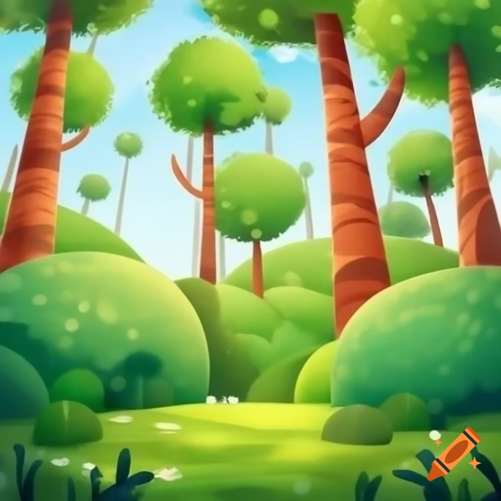Colorful cartoon forest with tall green trees and flowers, sunny day on ...
