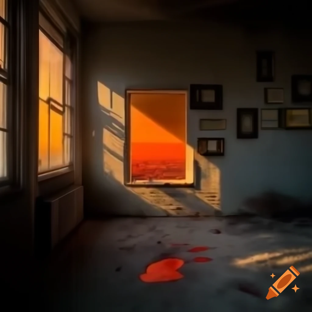 Surreal abandoned room with blood-stained frames and shadows on Craiyon