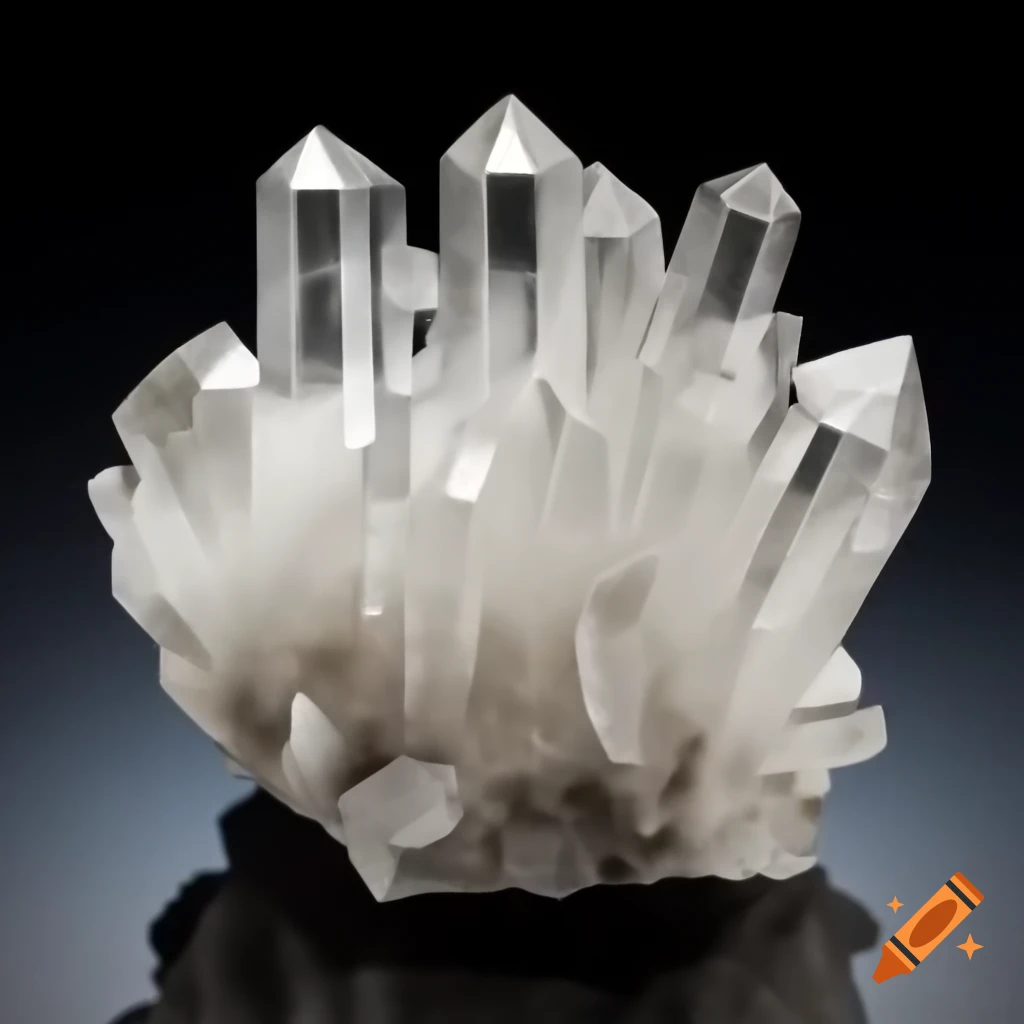 Cluster of quartz crystals with one prominently long crystal on Craiyon