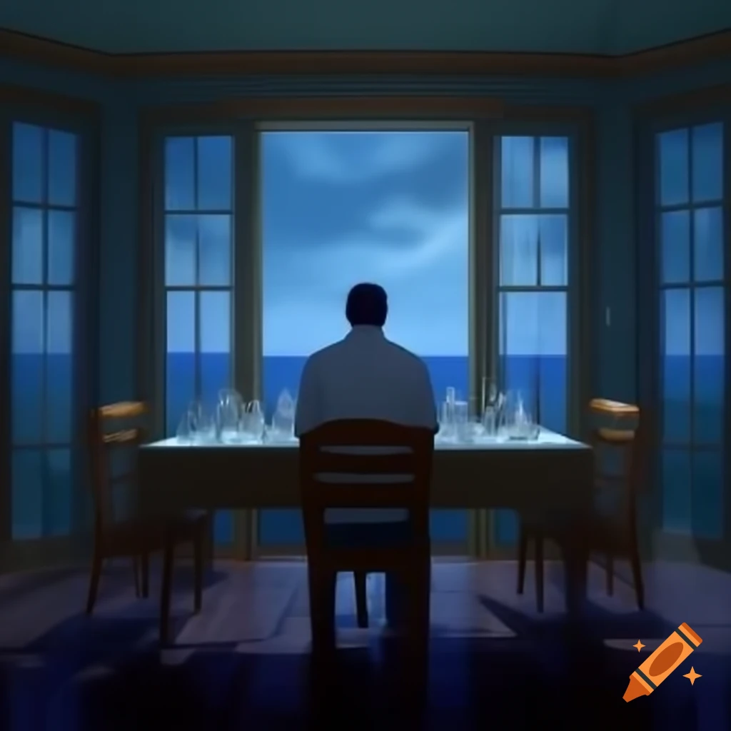 Mysterious man at dining room table looking out at ocean on Craiyon