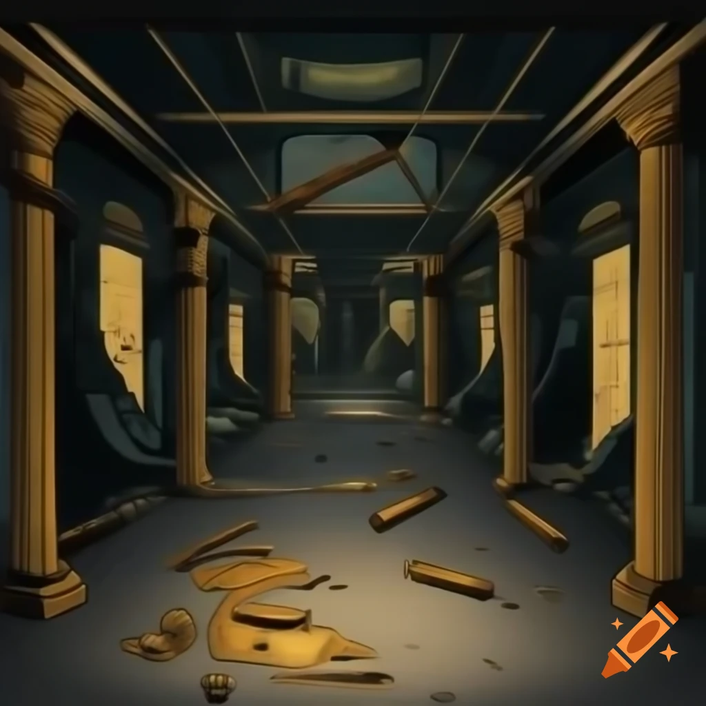 Ruined museum interior with cracked marble, broken display cases, and ...