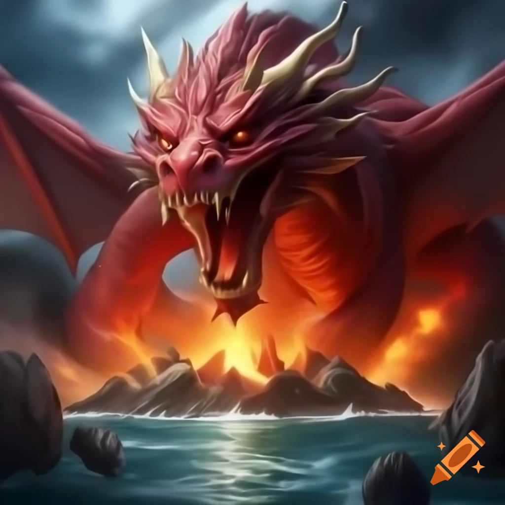 Oriental red dragon rising from sea with erupting volcano in background ...