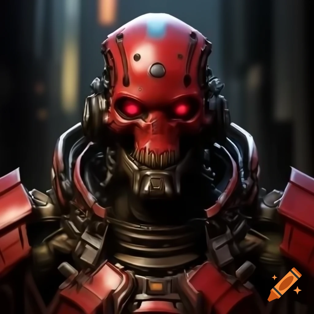 Concept art of undead cyborg supersoldier in red and black armor ...