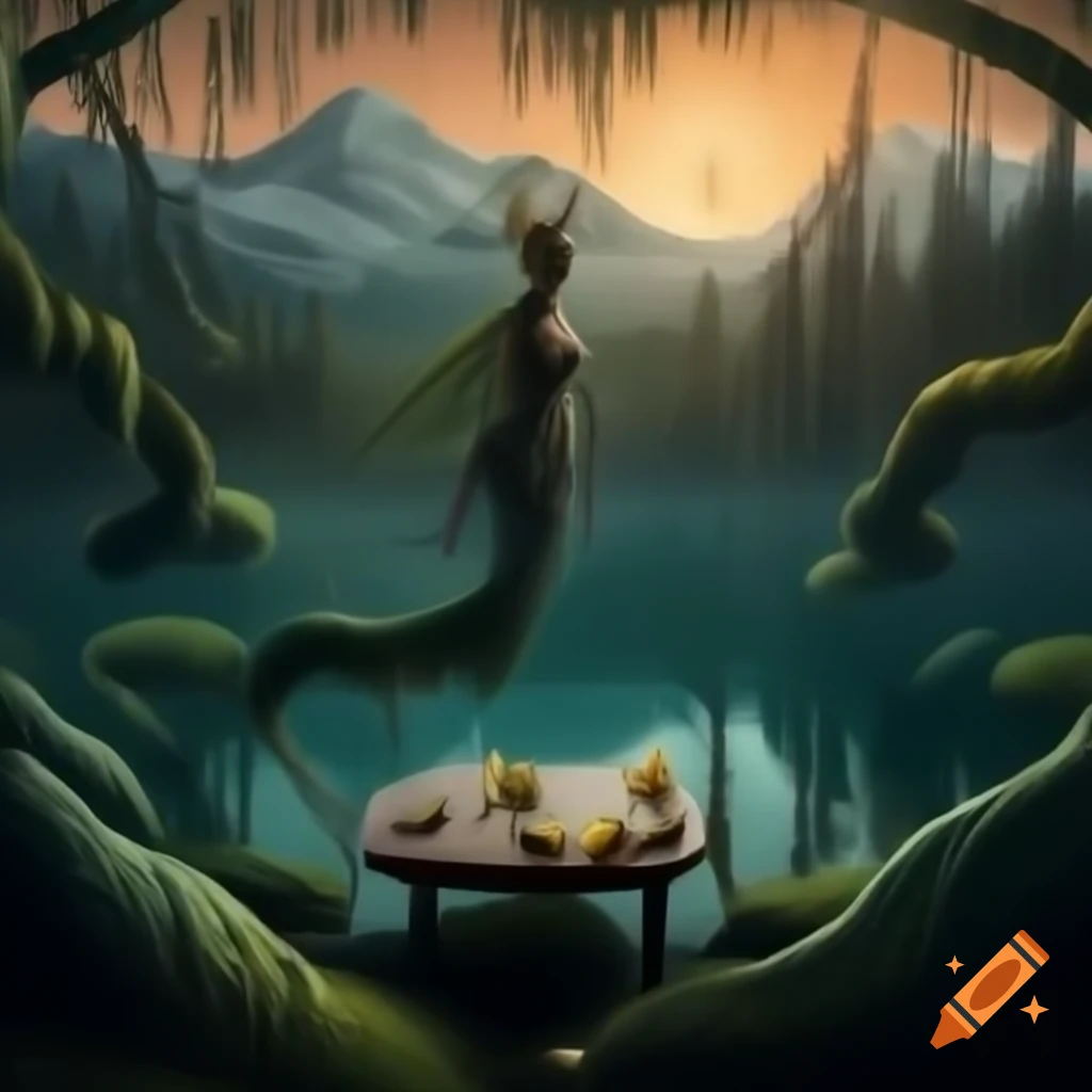 Surreal fairy goddess transforming into lemon fruit monster in ...