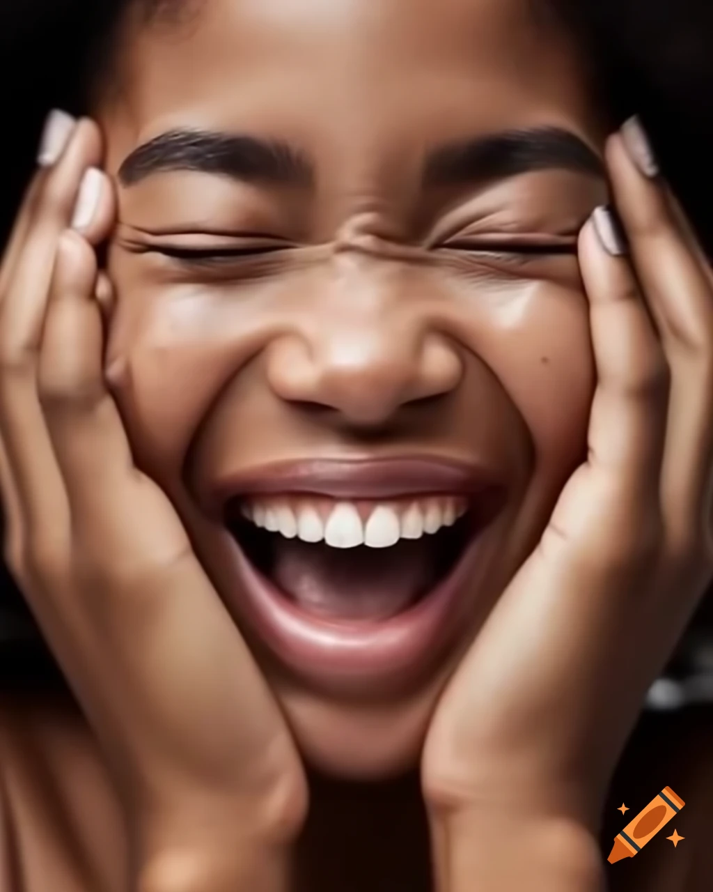 Close-up of woman laughing joyfully while holding her face on Craiyon