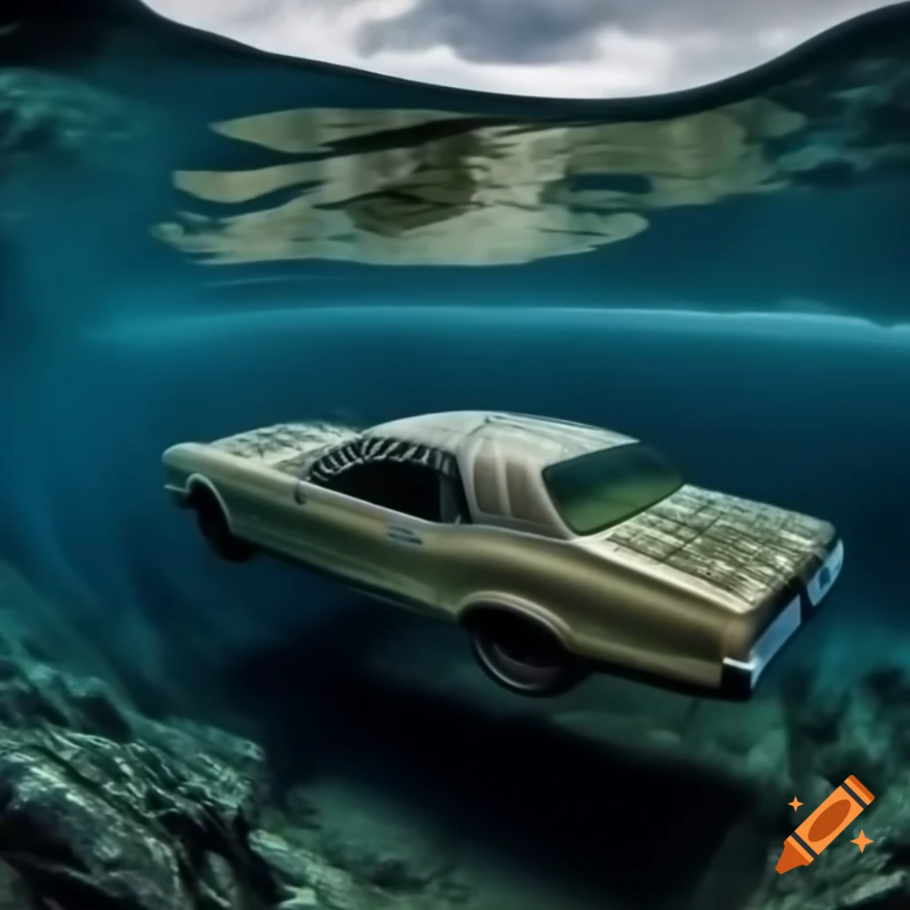 Classic American car submerged underwater in deep lake, viewed from ...