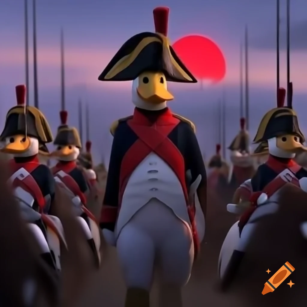 Duck dressed as Napoleonic general leading army of ducks at dawn on Craiyon