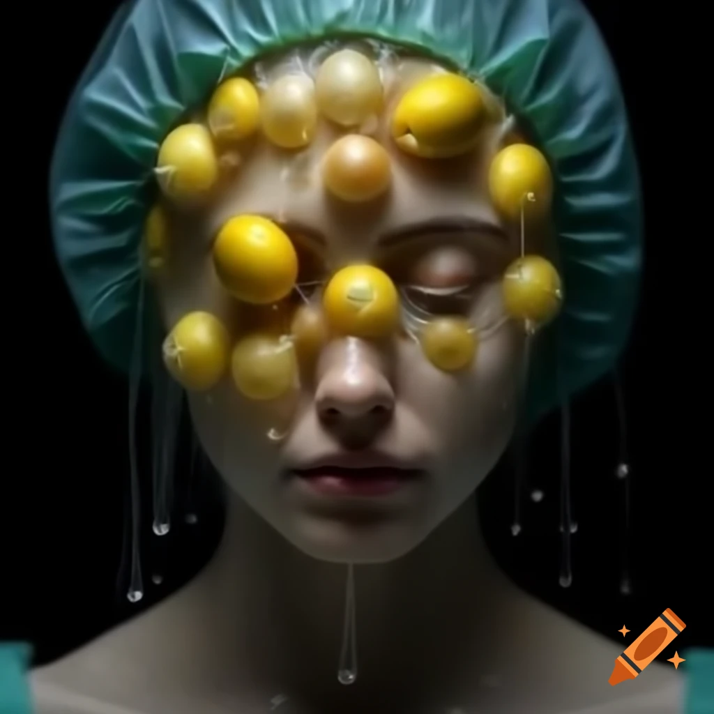 Greco-Roman woman transforming into surreal one-eyed lemon creature ...