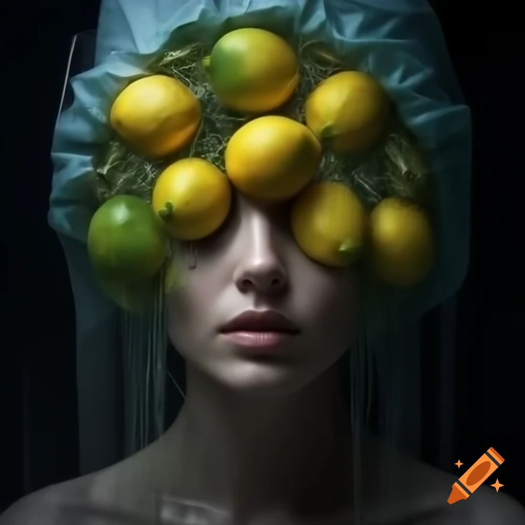 Greco-Roman woman transforming into surreal one-eyed lemon creature ...