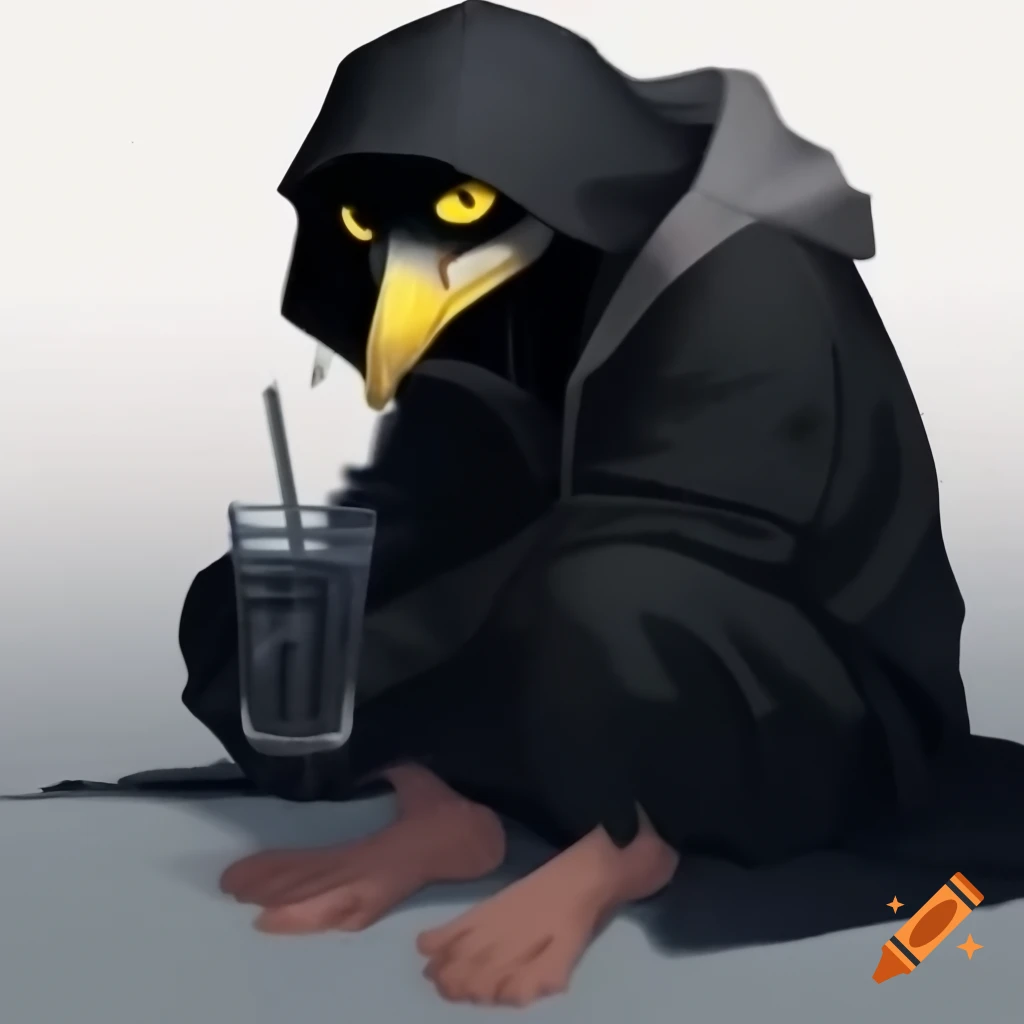 Anime dark-eyed junko bird wearing black hood and drinking water on Craiyon