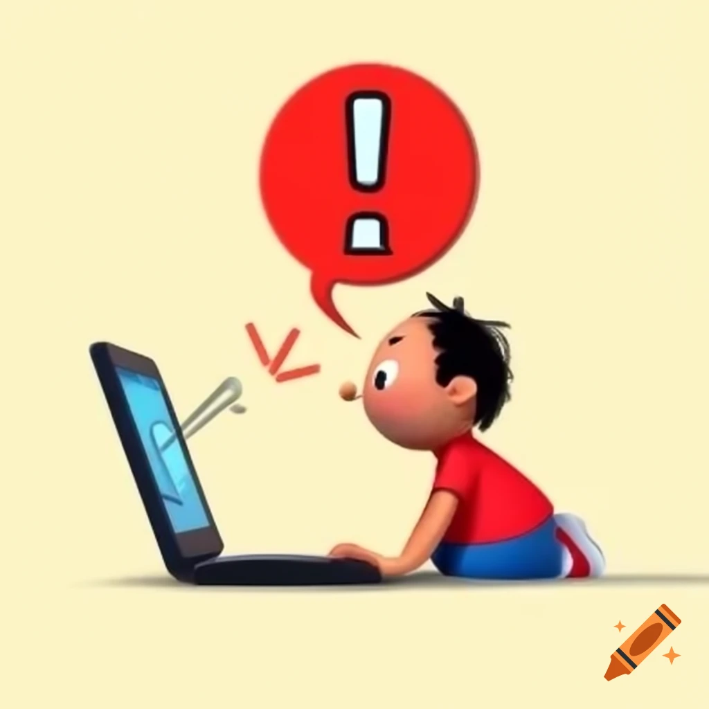 Cartoon child hesitant before clicking red button on laptop with ...