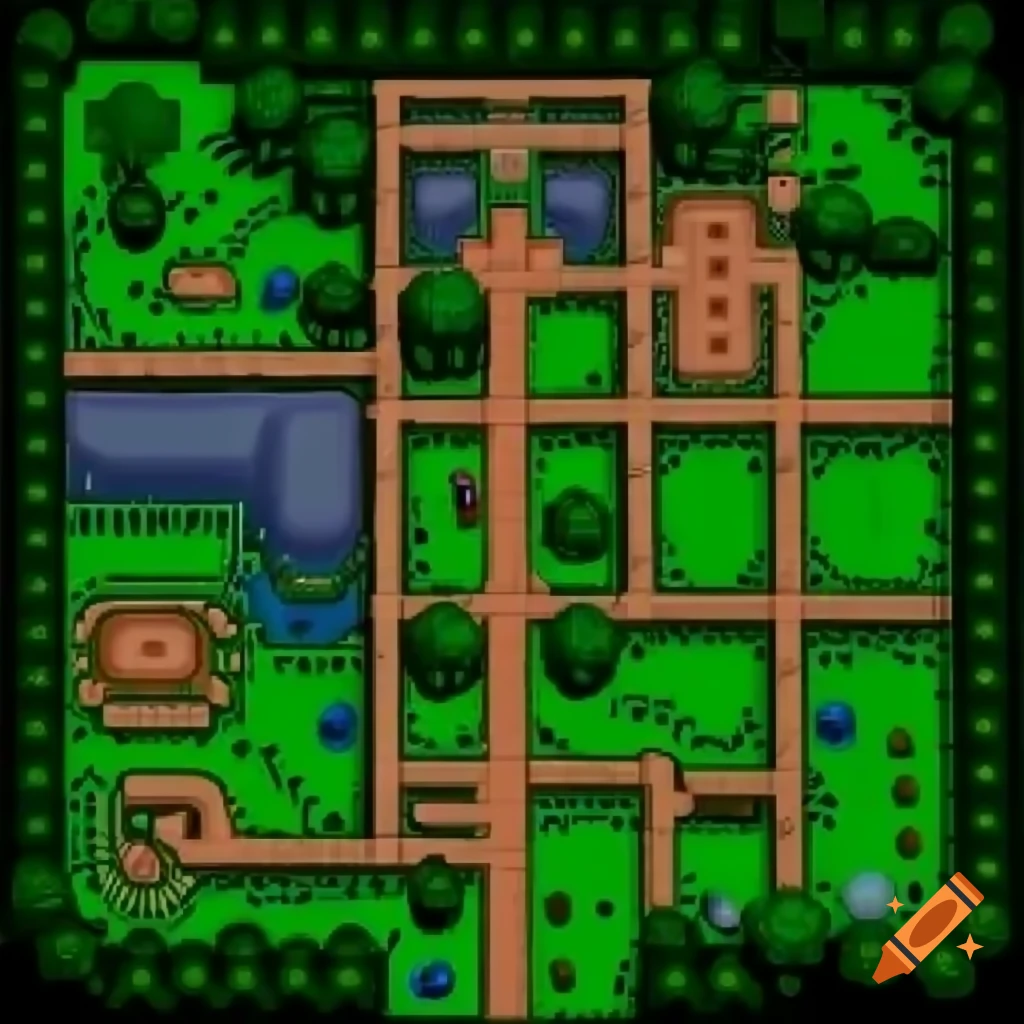 Pixel art aerial view of zoo layout with enclosures and pathways on Craiyon