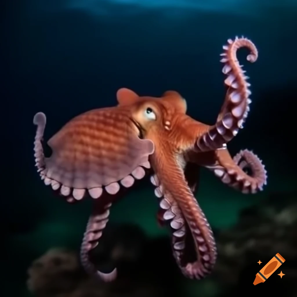 Deep-sea Dumbo Octopus with ear-like fins swimming in dark ocean on Craiyon