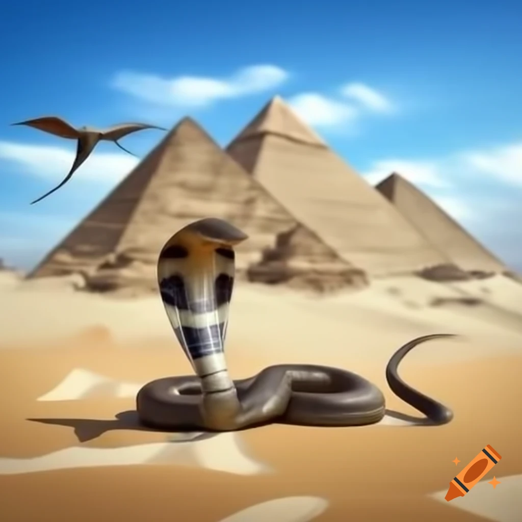 Crawling cobra and flying wyvern over desert pyramid under sky on Craiyon