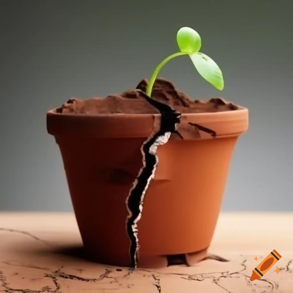 Cracked clay pot with a plant growing through the leak on Craiyon