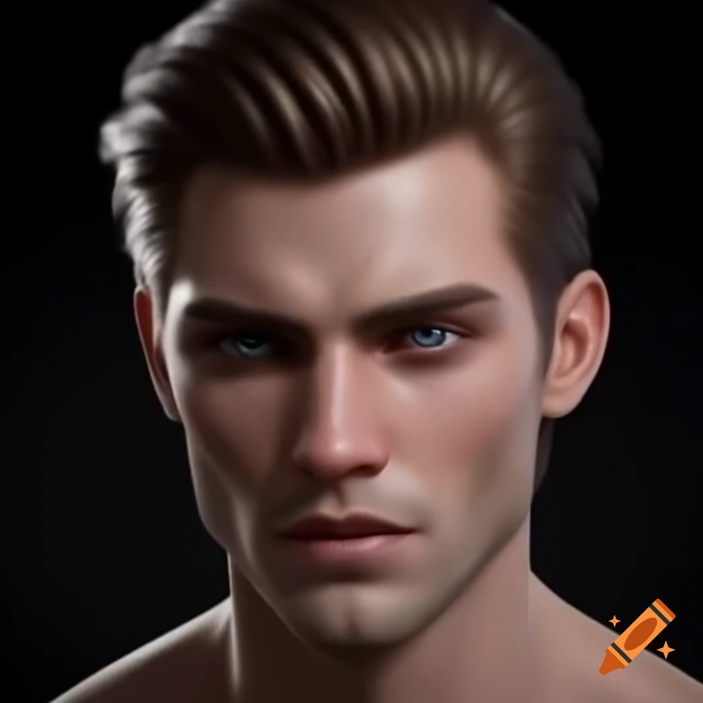 Handsome young male with pale complexion and blue eyes, stylish brown ...