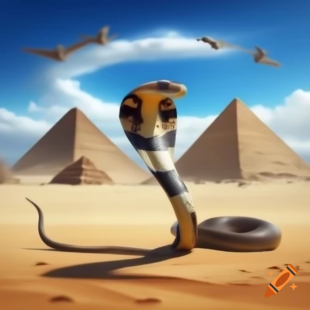 Crawling cobra watching flying wyvern in desert sky over pyramid on Craiyon