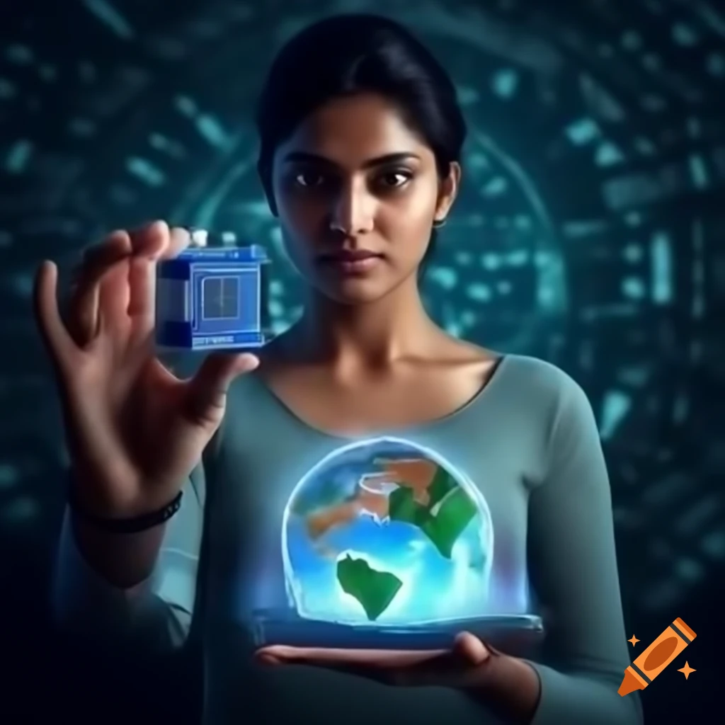 Indian female model presenting semiconductor chip as new product launch ...