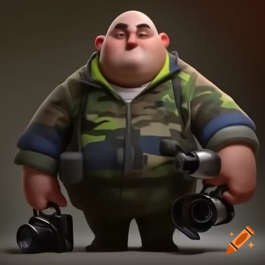 Bald man in camouflage holding a camera with a telephoto lens on Craiyon