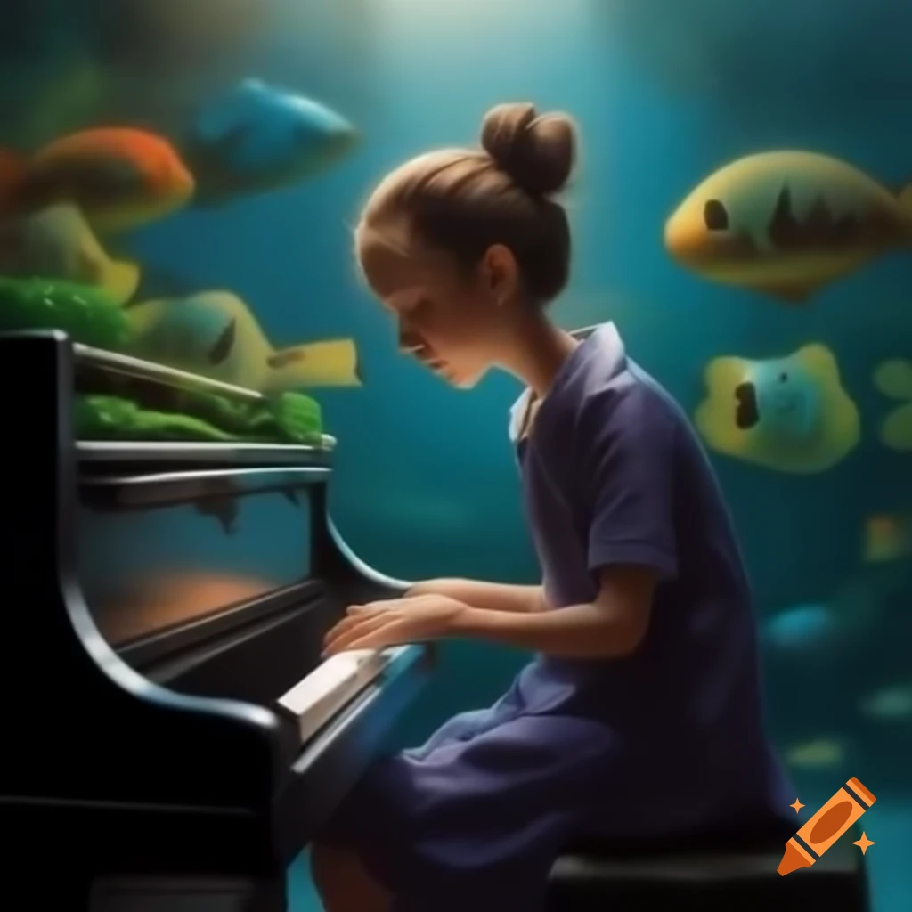 Aquatic veterinarian playing piano with fish imagery on Craiyon