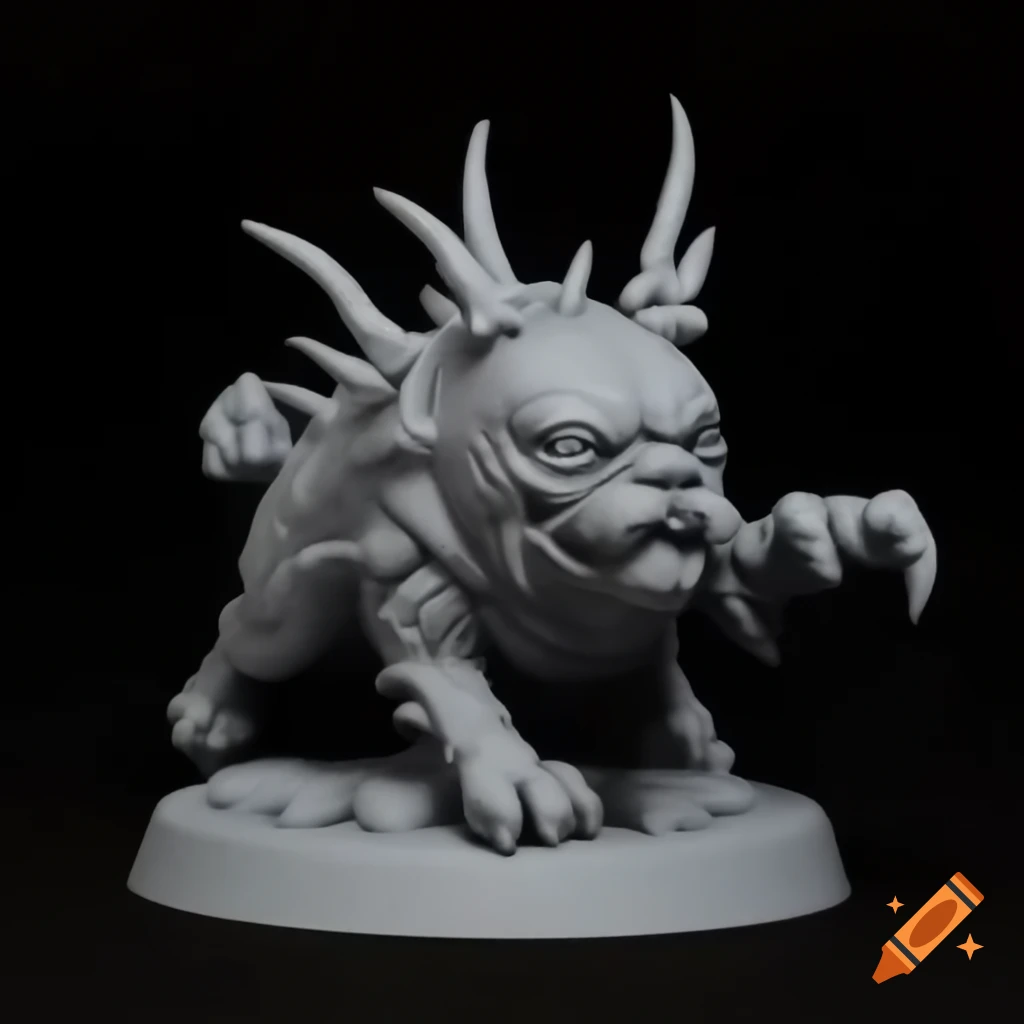 Unpainted tabletop miniature of a pug with slight demonic features ...
