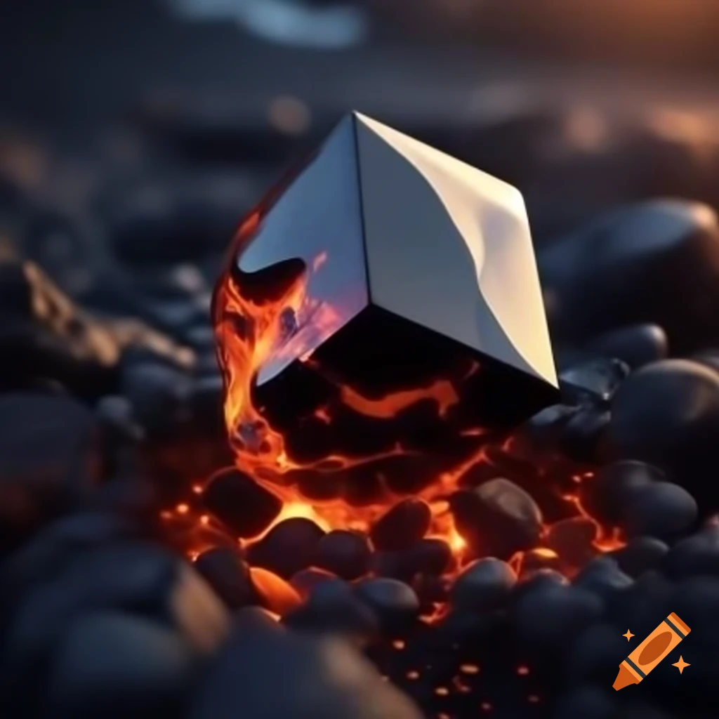 Black polished stone cube emerging from lava, modern 4D iconography on Craiyon